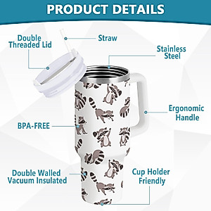 IHCVHQX Tumbler with Handle and Straw 40oz Funny Cute Cartoon Raccoon Insulated Tumbler Cups Stainless Steel Travel Coffee Mug