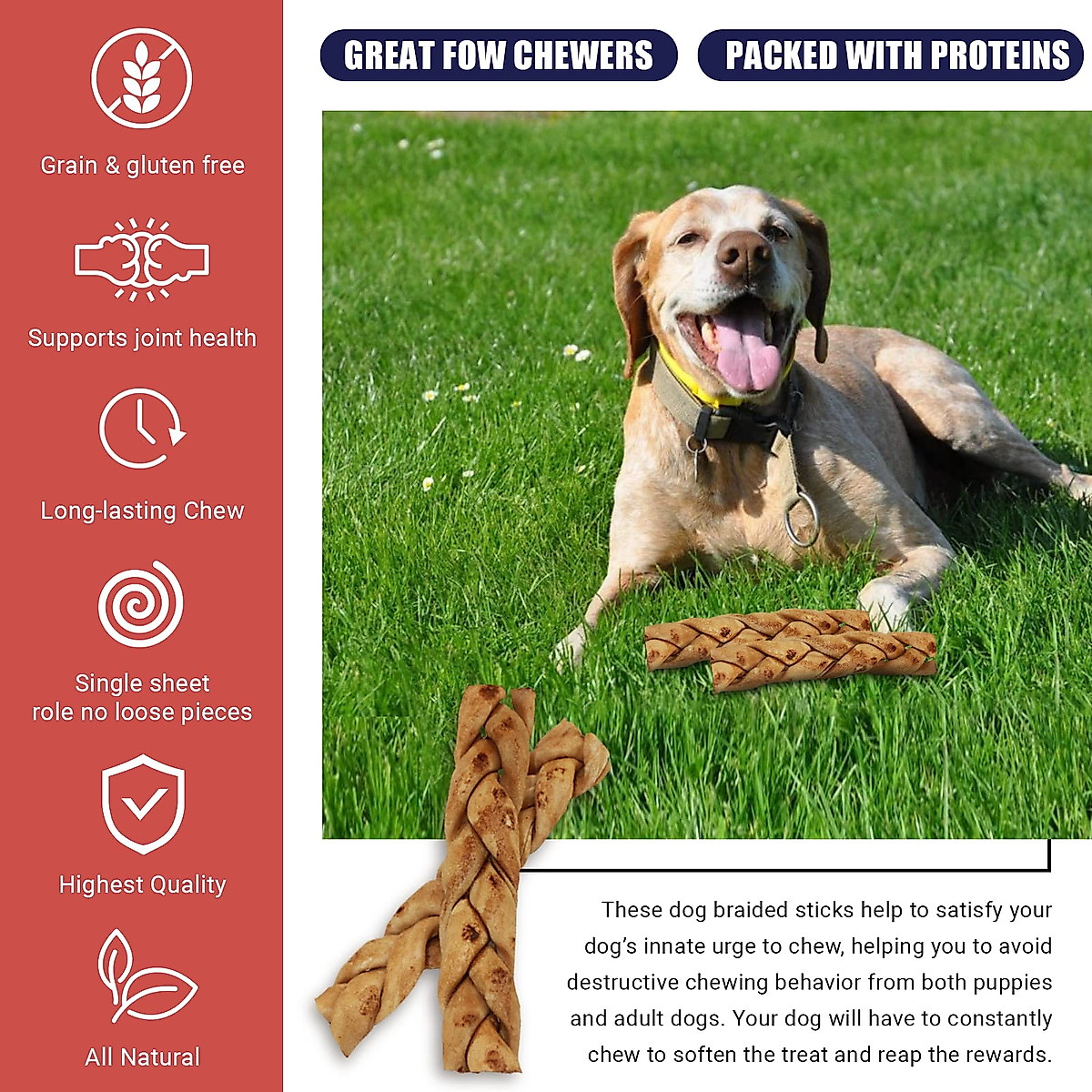 American Made Treat Co - Dog Treats, Beefhide Braids - Peanut Butter Flavor Rawhide Chews for Dental Health & Protein - 7-8" - 6 Pack