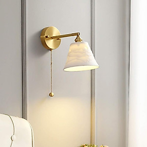 MAIYO Nordic Brass Metal Indoor Wall Light, White Ceramic Wall Lamp with Pull Cord Switch, Home Decorative Wall Sconce, for Bedroom Living Room