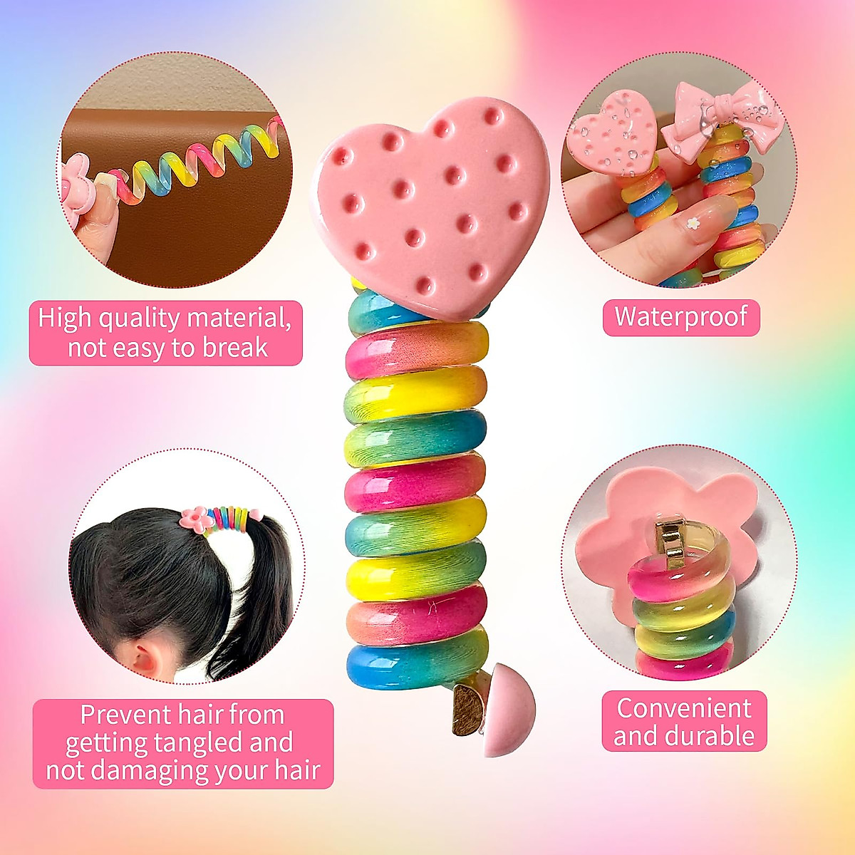 Colorful Telephone Wire Hair Bands Bowknot Braided Flower Telephone Cord Hair Ties Ponytail Holder Phone Cord Spiral Hair Ties for Kids (Colorful)