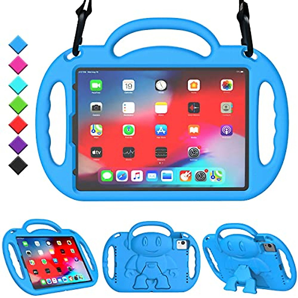 TOEVEK iPad Air 4th/5th Generation Case for Kids, iPad Air 10.9 inch 2020/2022 Case with Shoulder Strap, Handle Stand Protective Case for iPad Pro 11(2022/2020/2021/2018) and iPad Air 4/5, Blue