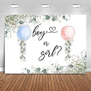 Mocsicka Watercolor Blue or Pink Balloons Backdrop Greenery Boy or Girl Gender Reveal Background Botanical Eucalyptus Gender Reveal Party Cake Table Decoration Banner Photo Booth Props (7x5ft)