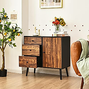 Tangkula Retro Storage Cabinet, Wood Floor Cabinet with 3 Drawers and 1 Cabinet w/Adjustable Shelf, Accent Cabinet for Living Room Entryway Home Office, Rustic Brown (Retro)