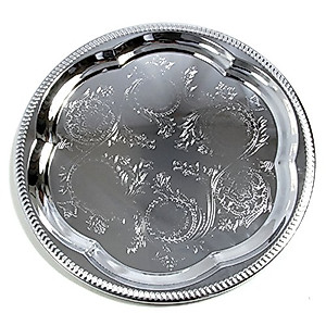 Maro Megastore (Pack of 4) 11.8-Inch Elegant Round Floral Pattern Engraved Catering Chrome Plated Serving Plate Mirror Tray Platter Tableware Decor Holiday Wedding Birthday Party (Small) T226s-4pk