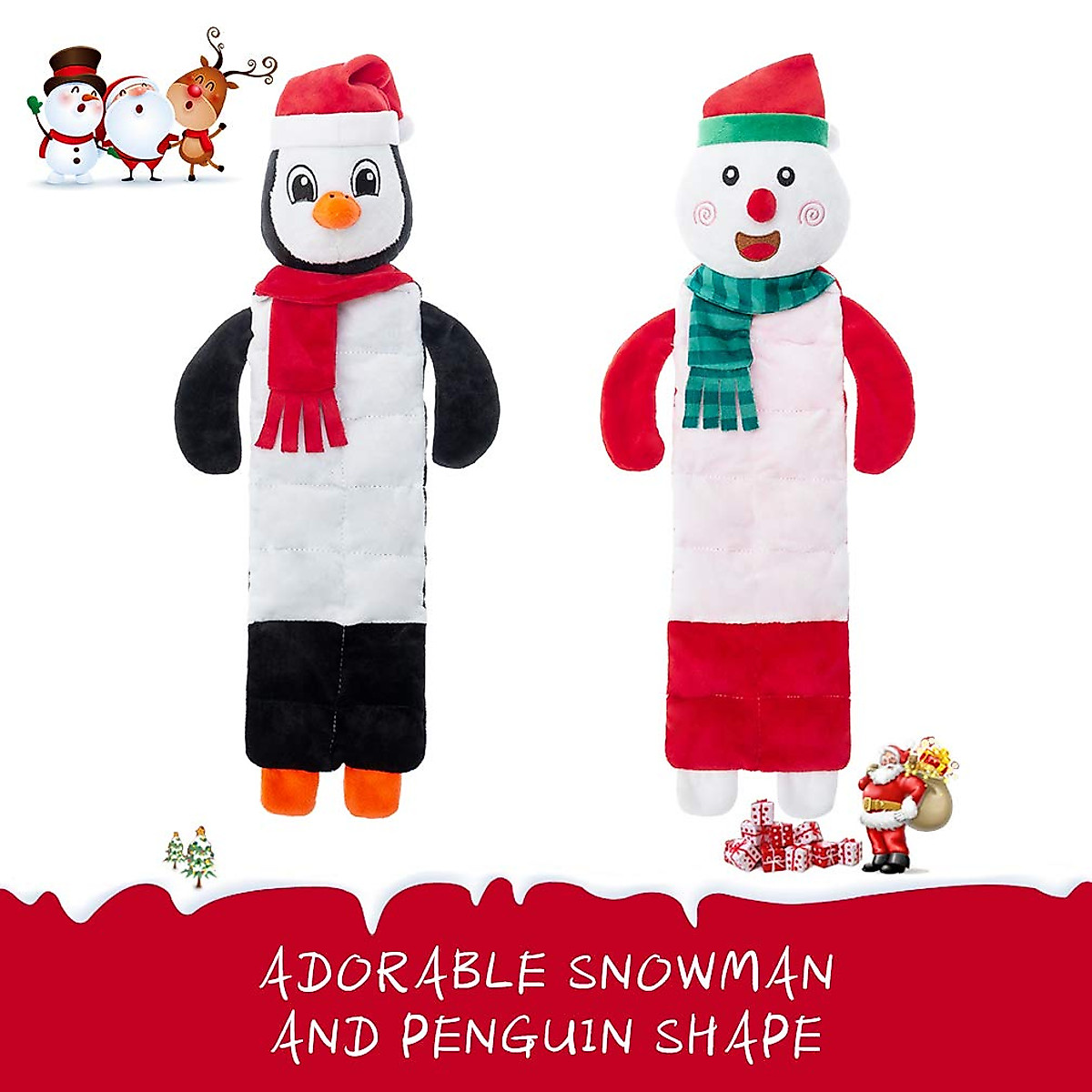 EXPAWLORER Christmas Dog Squeaky Plush Toys 2 Pack - No Stuffing Squeaking Snowman & Penguin Dog Chew Toy Xmas Gifts for Pets