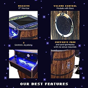Creative Arcades Full-Size Commercial Grade Wine Barrel Style Pub Arcade Machine | Standard/Medium/Large | Classic Games | 2 Sanwa Joysticks | 2 Stools (Medium, 412 Game, 19" Screen, Wood Finish)