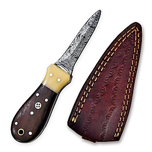 Oyster Shucker Knife Oyster Knife Damascus Steel Camel Bone & Walnut Handle Leather Sheath Seafood Opener Kit Tool Non Slip Handle (Walnut Handle)