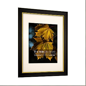 Eitida 11x14 Wood Black Gold 2 Tone Vintage Antique Retro Picture Frame, Museum Grade Off White Mat for 8x10 Photos, Art Display, Real Glass Protection, Wall Hanging, Gold Inner