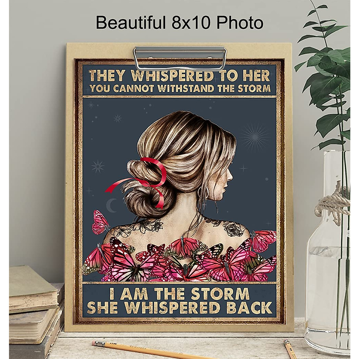 They Whispered to Her You Cannot Withstand The Storm - Inspirational Quote Wall Art - Butterfly Wall Decor - Motivational Uplifting Positive Encouragement Gifts for Women Teens - Boho Print Decoration