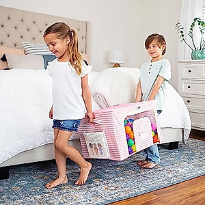 Foldable Big Toy Chest for Boys & Girls - Stylish Oxford Cloth Bedroom Play Room Organization Collapsible Storage Box with Side Pocket & Window - Versatile Kids Toy Bin - Pink, 19.7" x 15.7" x 13.0"