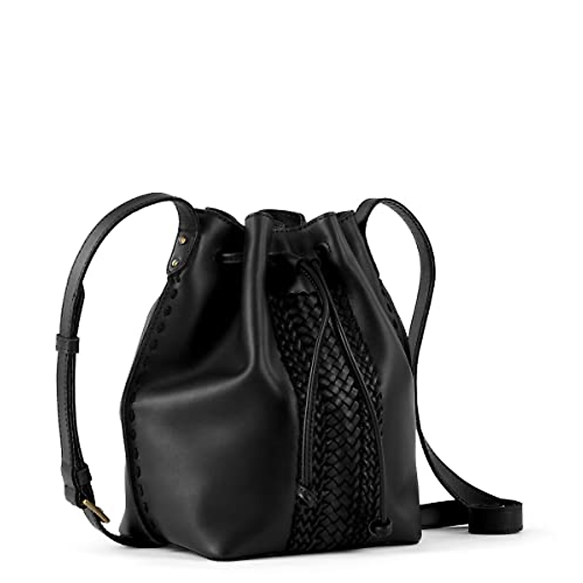 The Sak Ivy Drawstring Bucket Bag in Leather, Convertible Purse with Crossbody Strap, Black Vachetta