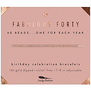 Lucky Feather 40th Birthday Gifts for Women, 14K Rose Gold Dipped Beads Bracelet on Adjustable 7"- 8" Cord - Perfect 40th Birthday Gift Ideas for Her (rose-gold-plated-base)