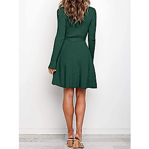 ANRABESS Women's Long Sleeve Midi Dress Crewneck Tie Waist A-Line Swing Casual Bodycon Ribbed Knit 2025 Fall Sweater Dress Green Medium