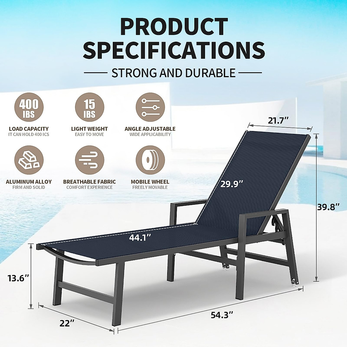 WOAJUQO Aluminum Chaise Lounge Chair Outdoor Set of 2-Patio Lounge Chair with Wheels and 5-Position Adjustable Backrest and Outdoor Recliner Full Flat Tanning Chair for Beach,Patio,Lawn,Pool,Navy Blue