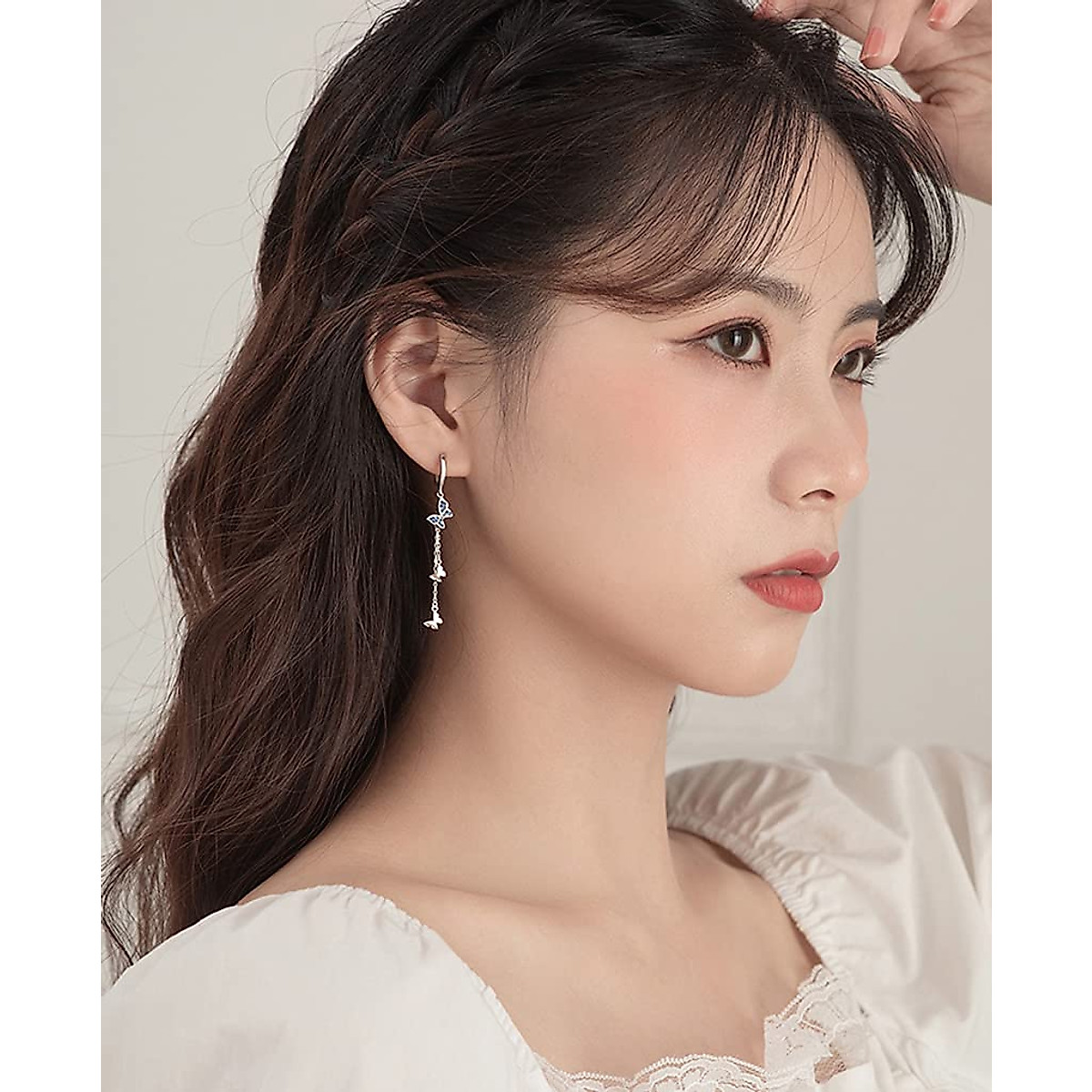 SLUYNZ 925 Sterling Silver Butterfly Dangle Earrings Tassel for Women CZ Butterfly Hoop Earrings Chain (A-Silver)