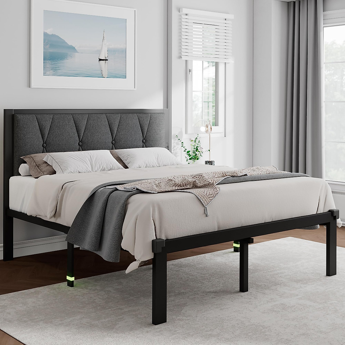 Feonase Queen Size Metal Bed Frame with Fabric Button Tufted Headboard, Platform Bed Frame with Heavy Duty Metal Slats, 12" Storage Space, Noise Free, No Box Spring Needed, Dark Grey