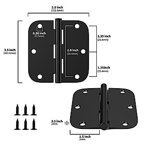Removable Pin, 3.5 Inch Black Matte 6 Pack - Heavy-Duty, Smooth & Silent Open Exterior and Interior Door Hinges, 5/8'' Radius Corners