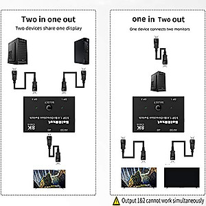 DisplayPort Splitter 8K DisplayPort Switch, BolAAzuL Bi-Directional Display Port Switcher Box 2 in 1 Out/DP 1.4 Splitter 1 in 2 Out for Dual Monitors - 8K@60Hz 4K@120Hz 2K@144Hz - for PC Computer