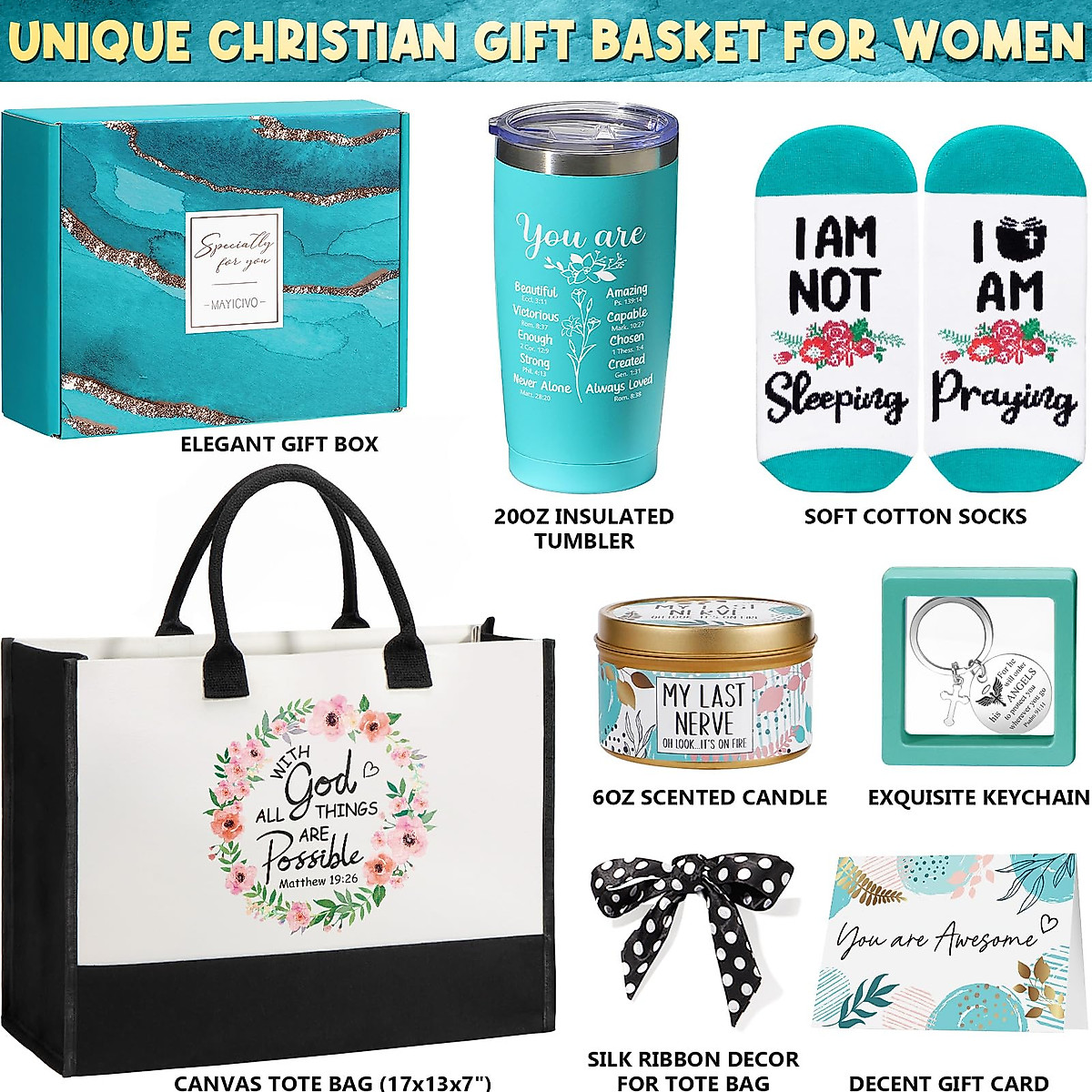 Christian Gifts for Women Faith, Inspirational Religious Gifts for Women, Catholic Spiritual Gifts Mothers Day Birthday Gifts for Women Mom Sister Best Friends Grandma Wife Coworker w/ Canvas Tote Bag