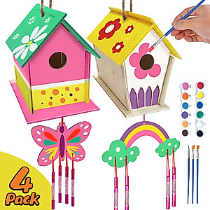 Crafts for Kids Ages 4-8 - 4 Pack DIY Bird House Wind Chime Kit - Build and Paint Birdhouses Wooden Arts Kits Easter Basket Stuffers Gifts for Girls Kids Boys Toddlers Ages 3-5 4-6 6-8 8-12