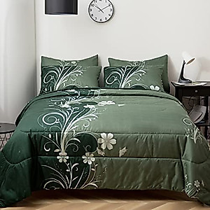 MUGINYU Botanical Comforter Set Queen Size,Dark Green with White Floral 7 Piece Bed in A Bag All Season Reversible Patchwork Bedding Set