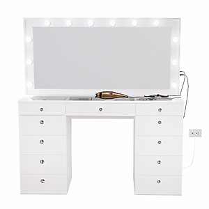 Boahaus Orla Extra Large Makeup Vanity Desk with Lights Built-in, Power Outlet, 11 Drawers, Hollywood Vanity Mirror, Glass Top Vanity, Crystal Knobs, White Big Vanity, 61.02''Hx56.3''Wx20.08''D