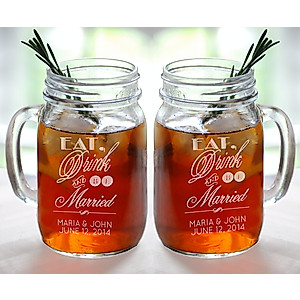 Eat Drink and Be Married Set of 2 Personalized Mason Jars Drinking Mugs with Handle Mr and Mrs Name Date Wedding, Engagement Party Gift Favor Newlyweds His and Hers Couple Gift Idea Barn Theme (16 Oz)