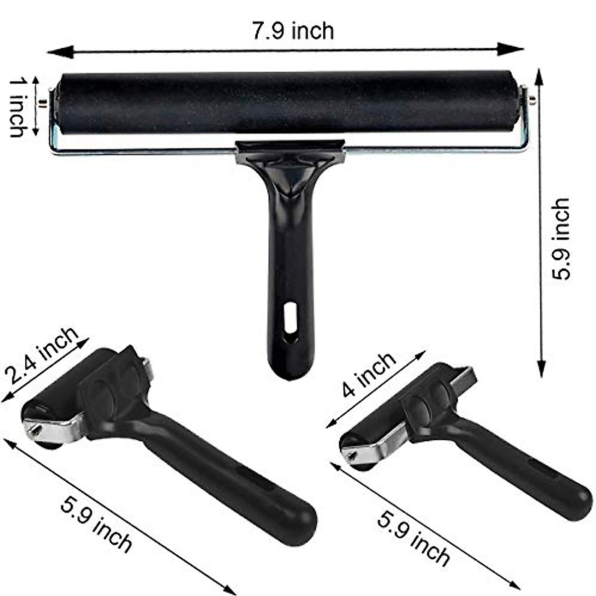 3 Pack Printmaking Brayers - Premium Brayer Rollers for Crafting, Hard Rubber Roller Brayers, Vinyl Roller Ink Paint Brush for Wallpapers Stamping Gluing Application (2.4’’, 4’’, 7.9’’) (Black)