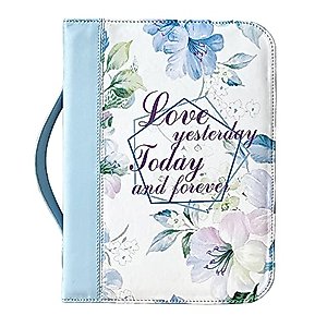 IvyRobes Zipper Bible Cover for Women Girls PU Leather, Blue Floral Pattern with Handle, Bible Bag Carrying Case Large Size