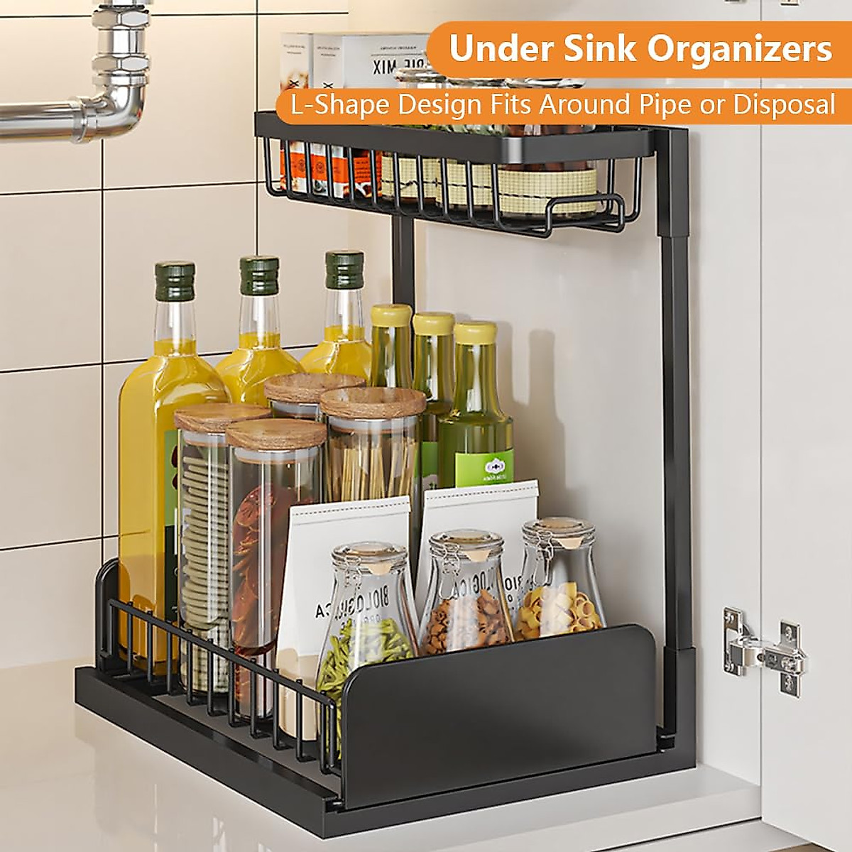 JTAGOO Under Sink Organizers and Storage, Metal L-shape Kitchen Organization 2-Tier Sliding Cabinet Organizer, Under Bathroom Sink Cabinet Organizer Shelf with Drawers, Black, 1 Pack
