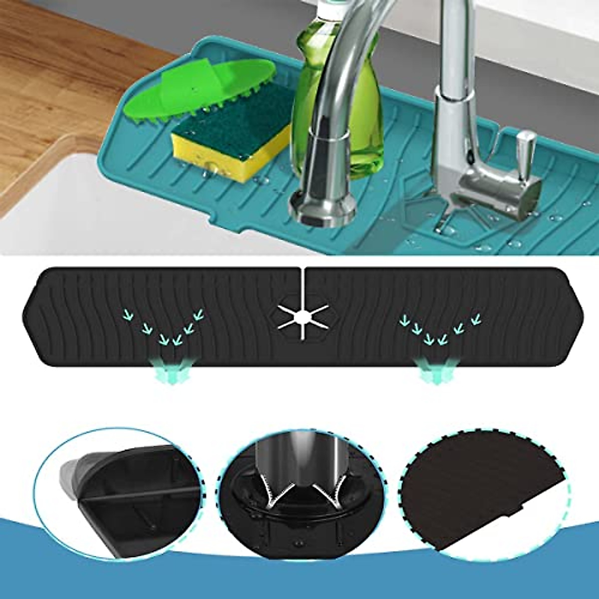 Silicone Faucet Handle Drip Catcher Tray Sink Splash Guard behind Faucet for Kitchen Sink & Bathroom Sink Mat Countertop Protector (Black M)