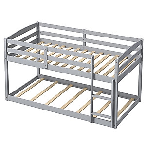 Giantex Twin Low Bunk Bed, Solid Wood Twin Over Twin Bunk Bed Frame with Full Guardrails & Integrated Ladder, Floor Twin Bunk Beds for Kids Boys and Girls, No Box Spring Needed, Grey