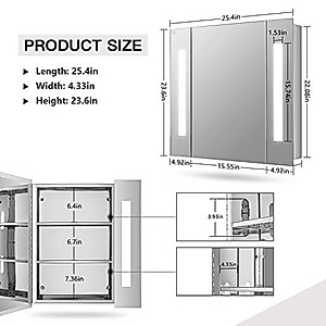 DANGJIN 25 x 23 Inch LED Lighted Bathroom Medicine Cabinet with Mirror, Aluminum Surface Led Medicine Cabinet, Adjustable Glass Shelves, Waterproof and Rust-Resist, Wiring Power Supply, On/Off Button