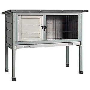 Tangkula Elevated Wood Rabbit Hutch, Indoor Outdoor Bunny Cage with Openable Roof and Removable Tray, Chicken Coop with Lockable Door, Guinea Pig Cage, Small Animal Houses & Habitats (Grey)