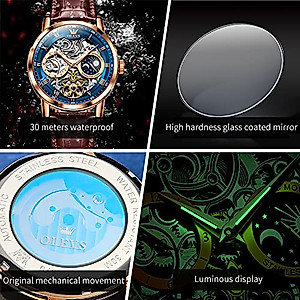 OLEVS Skeleton Watches for Mens Automatic Mechanical Self Winding Tourbillon Leather Strap Luxury Dress Moon Phase Wrist Watches Waterproof Luminous