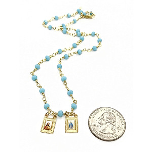 LESLIE BOULES Blue Ligth Beads Scapular Necklace for Women Hand-Craft Religious Jewelry