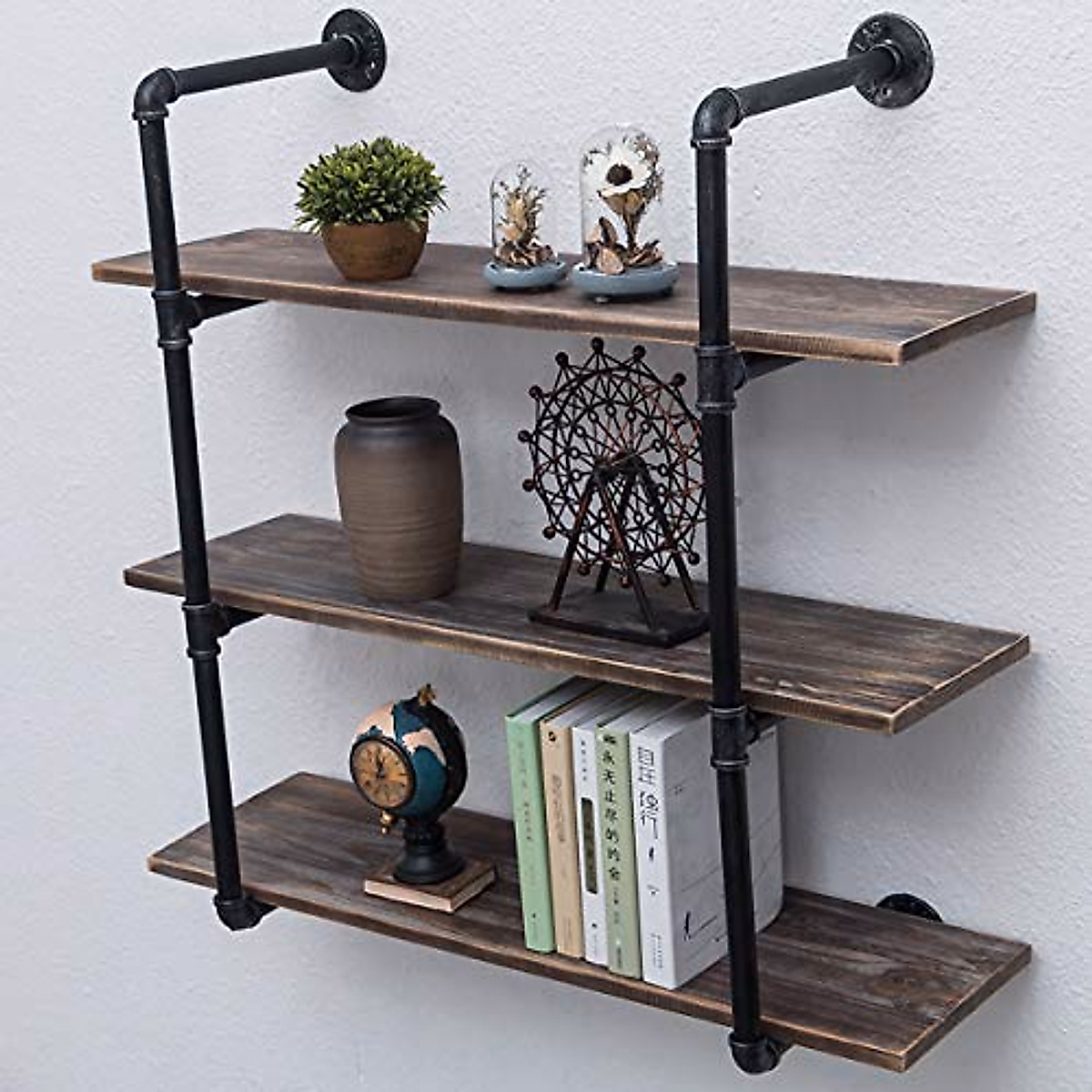 Industrial Pipe Shelving Wall Mounted,36in Rustic Metal Floating Shelves,Steampunk Real Wood Book Shelves,Wall Shelf Unit Bookshelf Hanging Wall Shelves,Farmhouse Kitchen Bar Shelving(3 Tier)