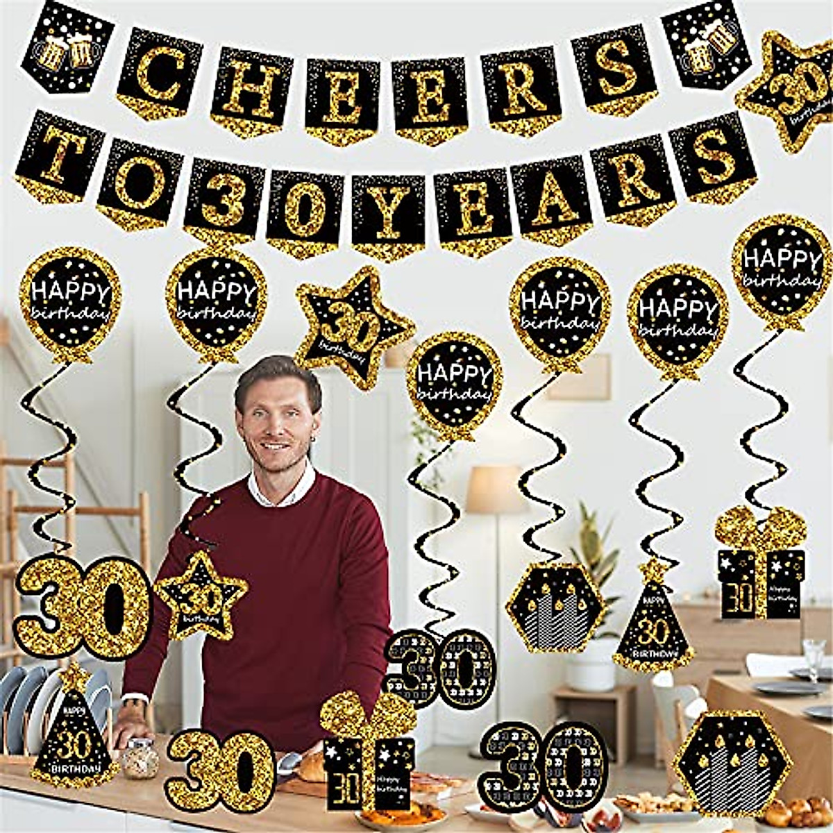 30th birthday decorations for him - (21pack) cheers to 30 years black gold glitter banner for him her, 6 paper Poms, 6 Hanging Swirl, 7 decorations stickers. 30 Years Old Party Supplies gifts for men