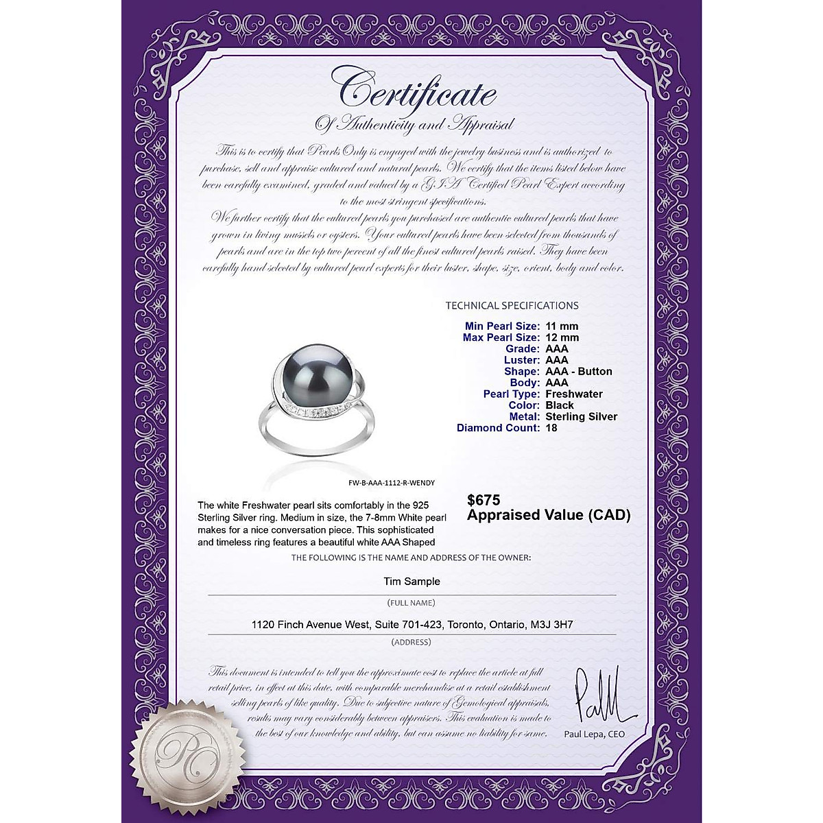 Wendy Black 11-12mm AAA Quality Freshwater 925 Sterling Silver Cultured Pearl Ring For Women - Size-6