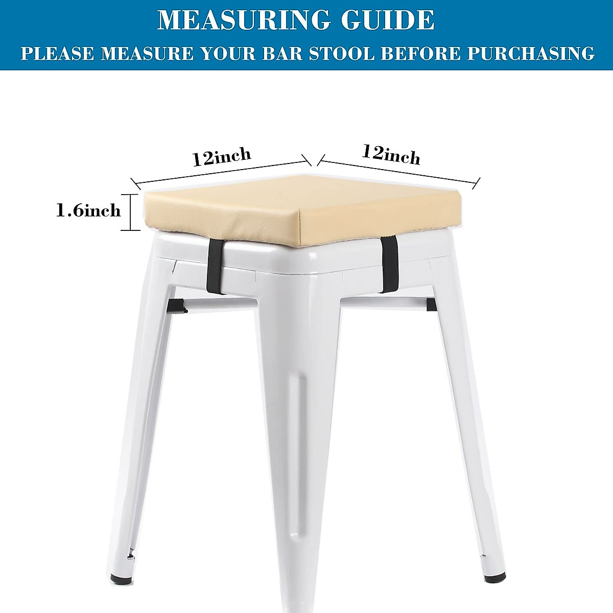 ANWUCHEN Bar Stool Cushions Square,PU Leather Square Seat Cushion Thick Kitchen Dining Chair Cushion Pads with Ties Elastic Bands Waterproof Oilproof Removable Adjustable Buckles(12"X12",Beige)