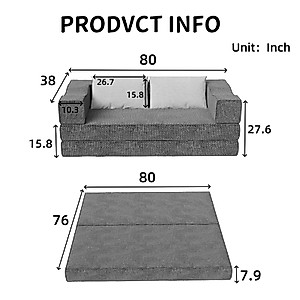 Folding Sofa Bed - 80" Convertible Couch Bed with 2 Pillows, Fold Out Couch, Foam Spring Floor Mattress, Futon Couch, King Size Bed Mattress for Living Room/Dorm/Guest Room/Home Office (Gray, 80")