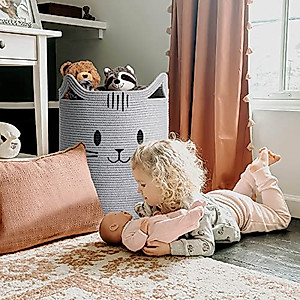 INDRESSME Laundry Basket, Cute Cat Basket with Handles, Tall Woven Basket, Baby Hamper for Nursery, Blanket Basket for Living Room, Storage Basket for Toys, Dirty Clothes, 16"L x 20"H, Grey