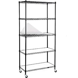 Catalina Creations Black 5-Shelf Storage Shelves,Heavy Duty Wire Shelving with Wheels, Adjustable Steel Wire Shelving Unit with 5-Shelf Liners for Garage, Kitchen, Office