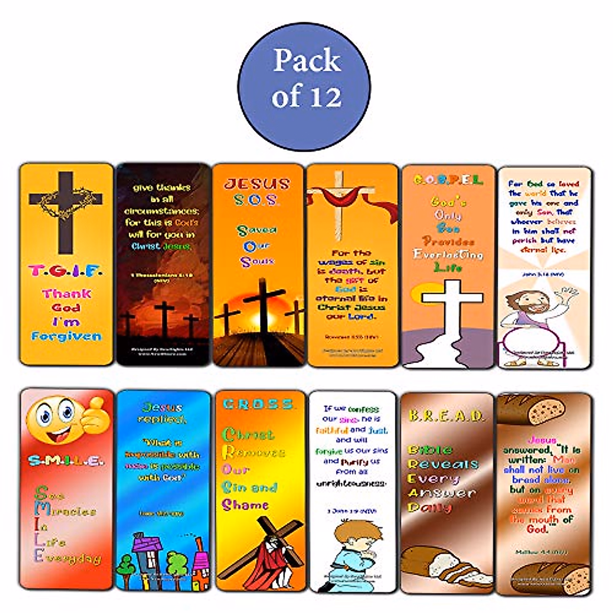 Christian Gospel Bookmarks for Kids (12 Pack) - Collection of Inspirational Bible Verses for Kids - Church Memory Verse Sunday School Rewards - Christian Stocking Stuffers Birthday Assorted Bulk Pack
