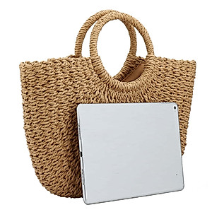 Summer Rattan Bag for Women Straw Hand-woven Top-handle Handbag Beach Sea Straw Rattan Tote Clutch Bags (Beige)