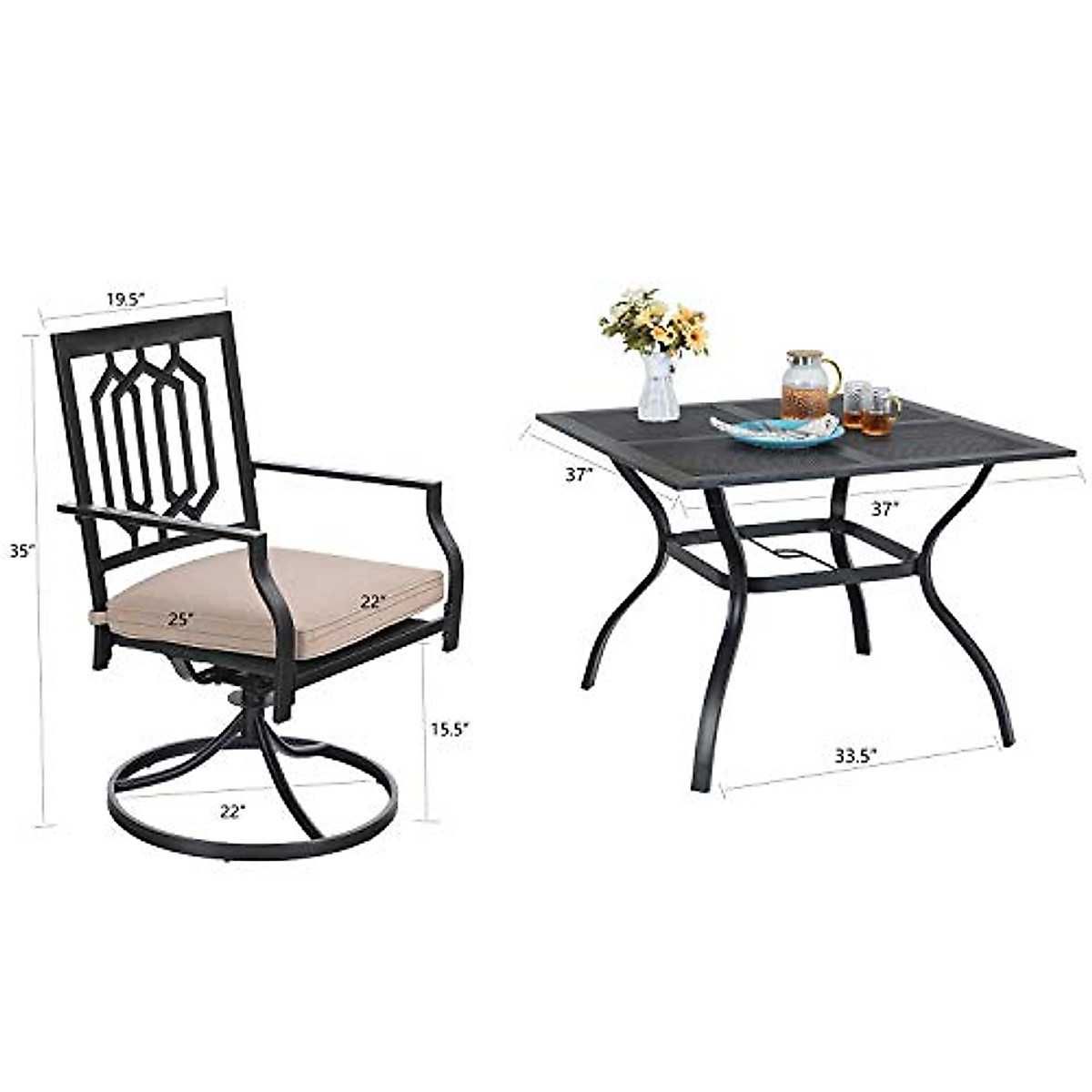 MFSTUDIO 5pcs Outdoor Patio Dining Bistro Set with 4 Swivel Chairs and 37" Square Umbrella Table Backyard Garden Furniture Sets