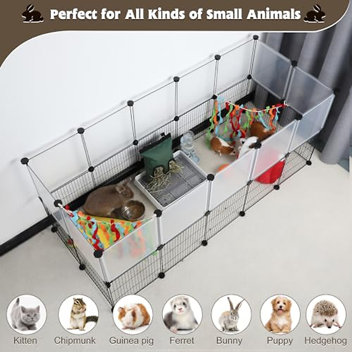 FHTONGE Extra Large Rabbit Playpen Indoor, 11 Sq Ft C&C Guinea Pig Cage Habitat, Small Animal Playpen Raised Guinea Pig Playpen for Chinchilla Hamster Hedgehog Ferret Puppy Kitten Rat Bunny