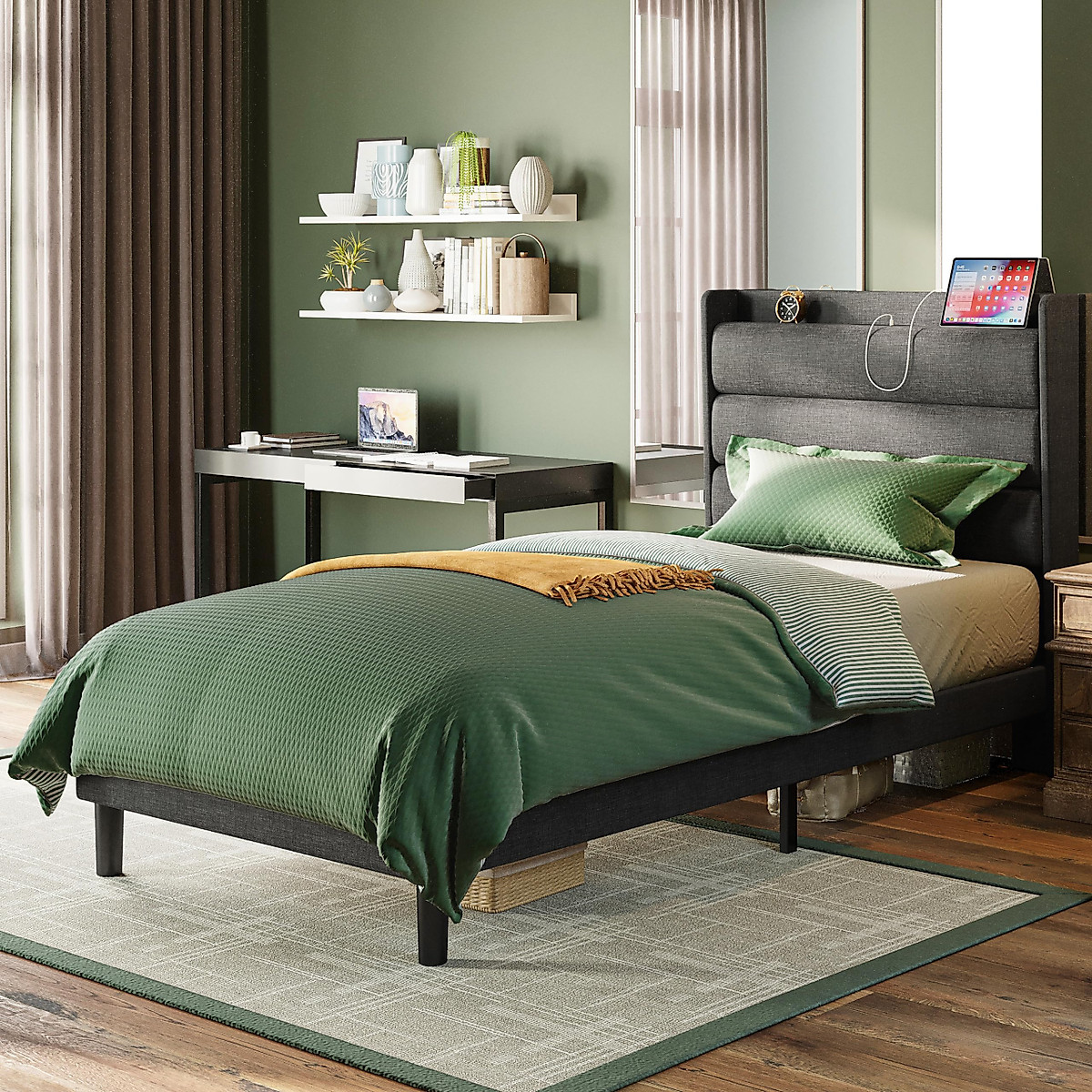 LIKIMIO Twin XL Bed Frames, Storage Headboard with Outlets, Sturdy and Stable, No Noise, No Box Springs Needed, Dark Gray