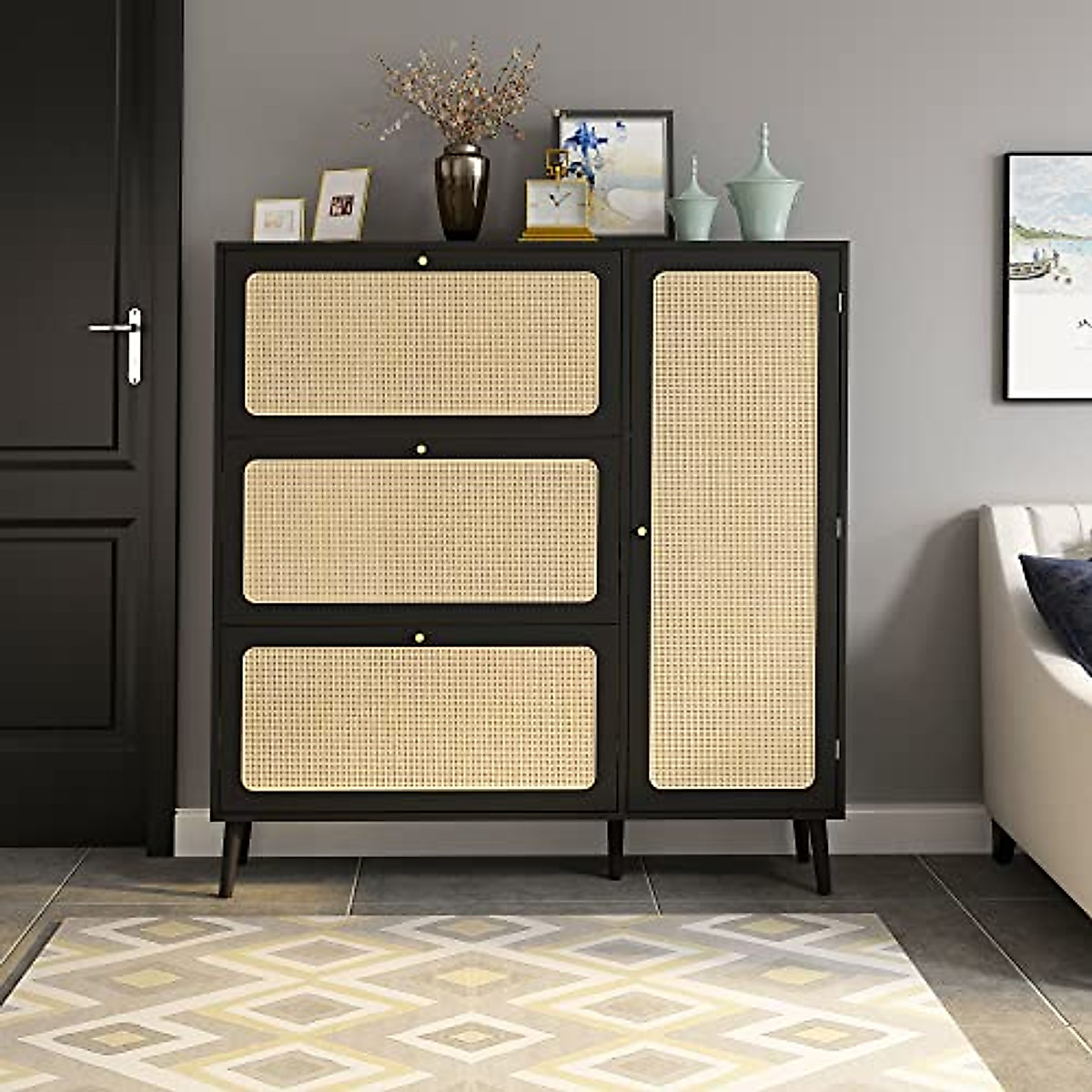 FOKWE Natural Rattan Shoe Cabinet, Shoe Cabinet with 3 Flip Drawers and Storage Shelves, Modern 3-Tier Shoe Rack Storage Cabinet for Entryway, Hallway, Bedroom(Black)