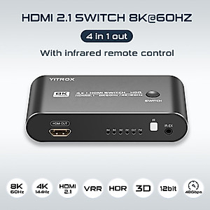 HDMI Switch 4 in 1 Out 4K 120Hz, 4K 144Hz, 8K 60Hz, HDMI 2.1 Switcher Compatible with PS4/5, Xbox, Fire Stick, Apple TV, Roku, HD TV, Aluminum Shell